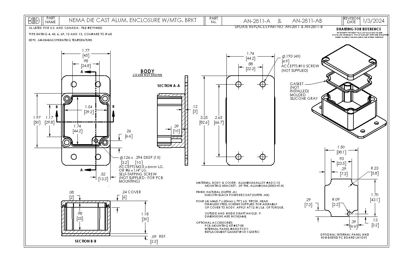 Aluminum Enclosure with Mounting Flanges AN-2811-A - Bud Industries