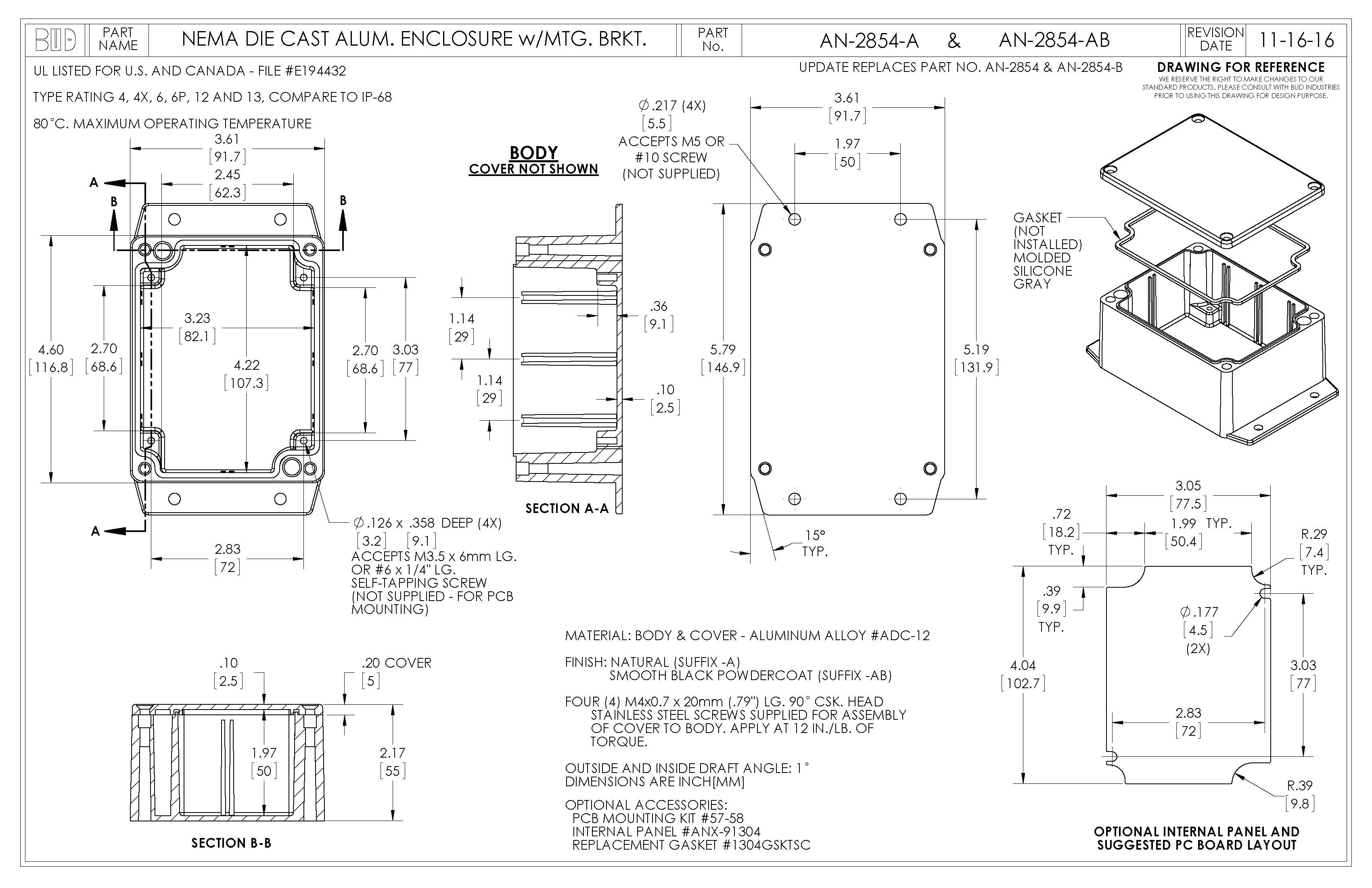 Aluminum Enclosure with Mounting Flanges AN-2854-A - Bud Industries