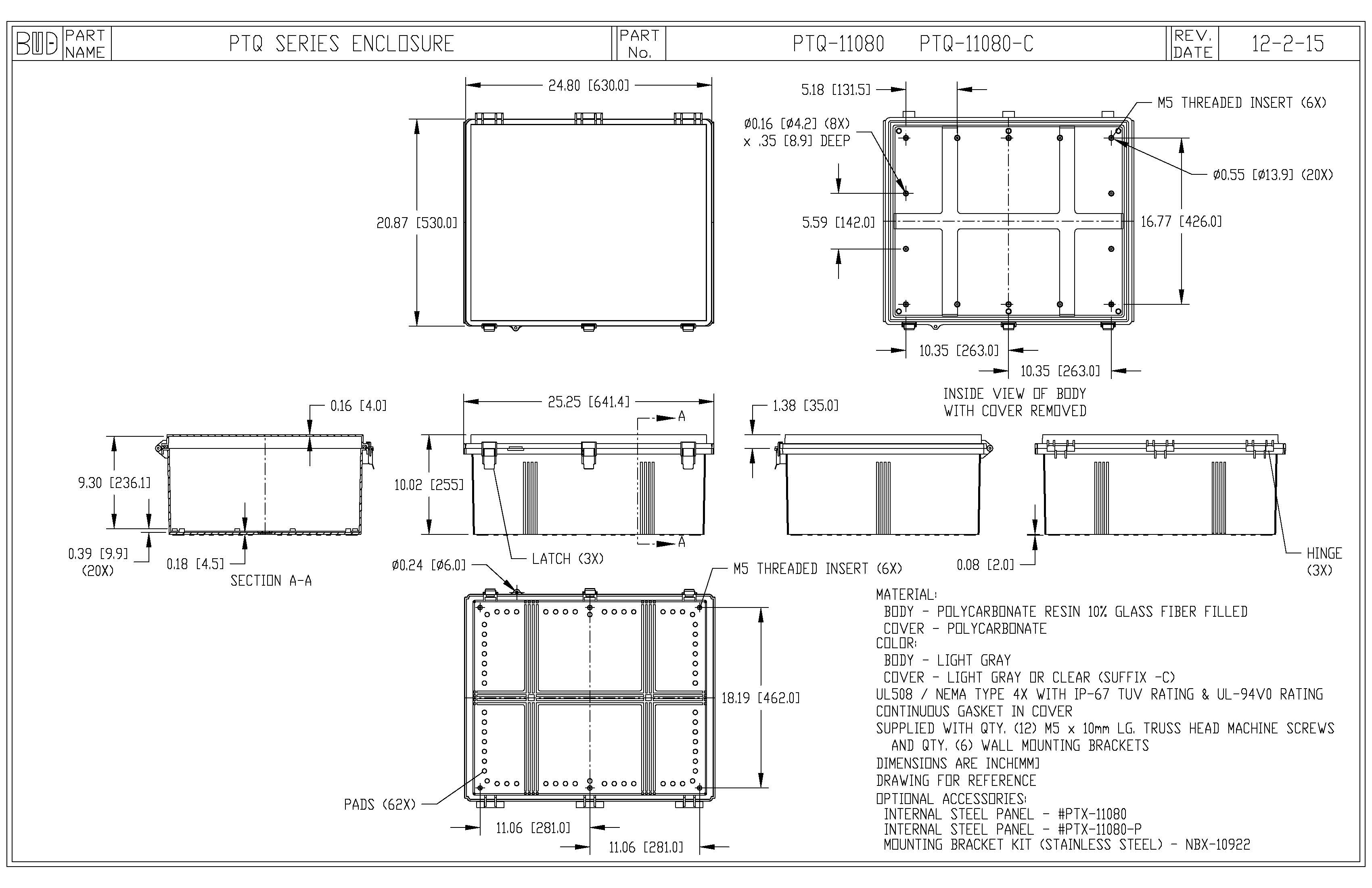 Fiberglass Box with Stainless Steel Latch PTQ-11080 - Bud Industries