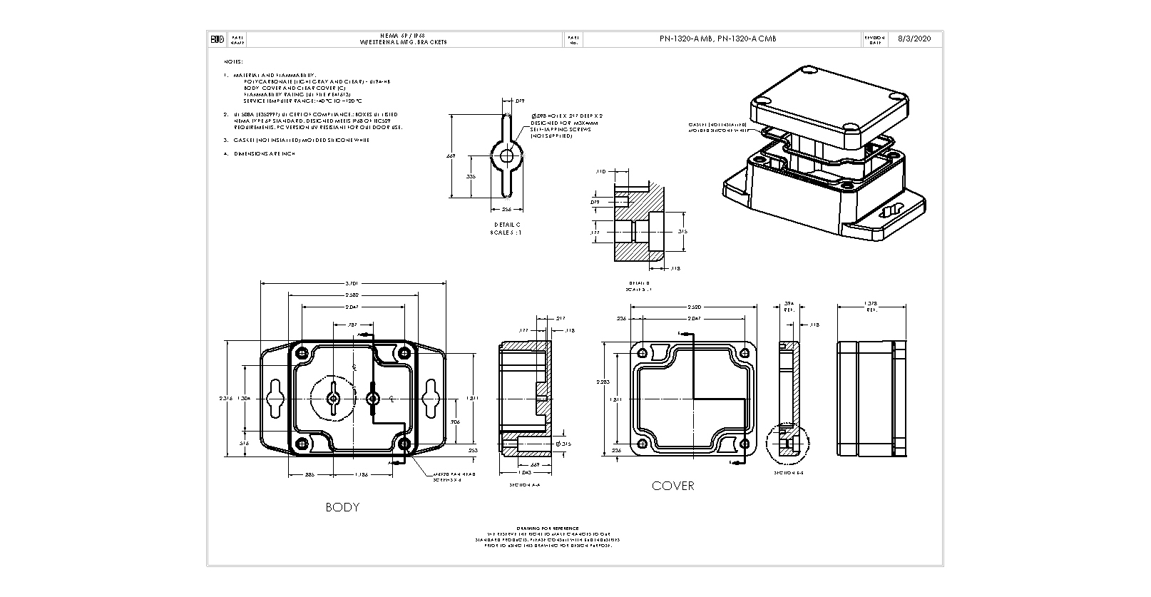 IP68 NEMA 6P Box with Mounting Brackets PN-1320-AMB - Bud Industries