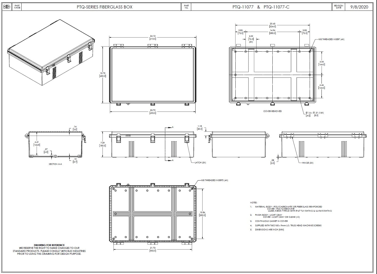 Fiberglass Box with Stainless Steel Latch PTQ-11077-C - Bud Industries