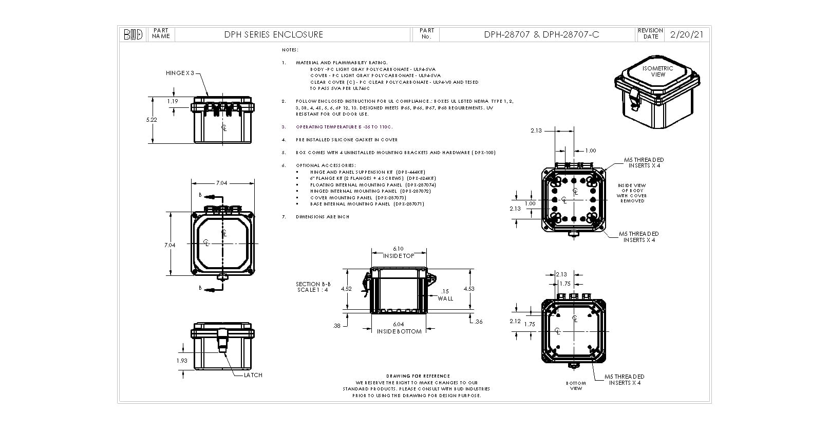Heavy-Duty NEMA 6P IP68 Plastic Enclosure, Hinged Cover DPH-28707 - Bud Industries